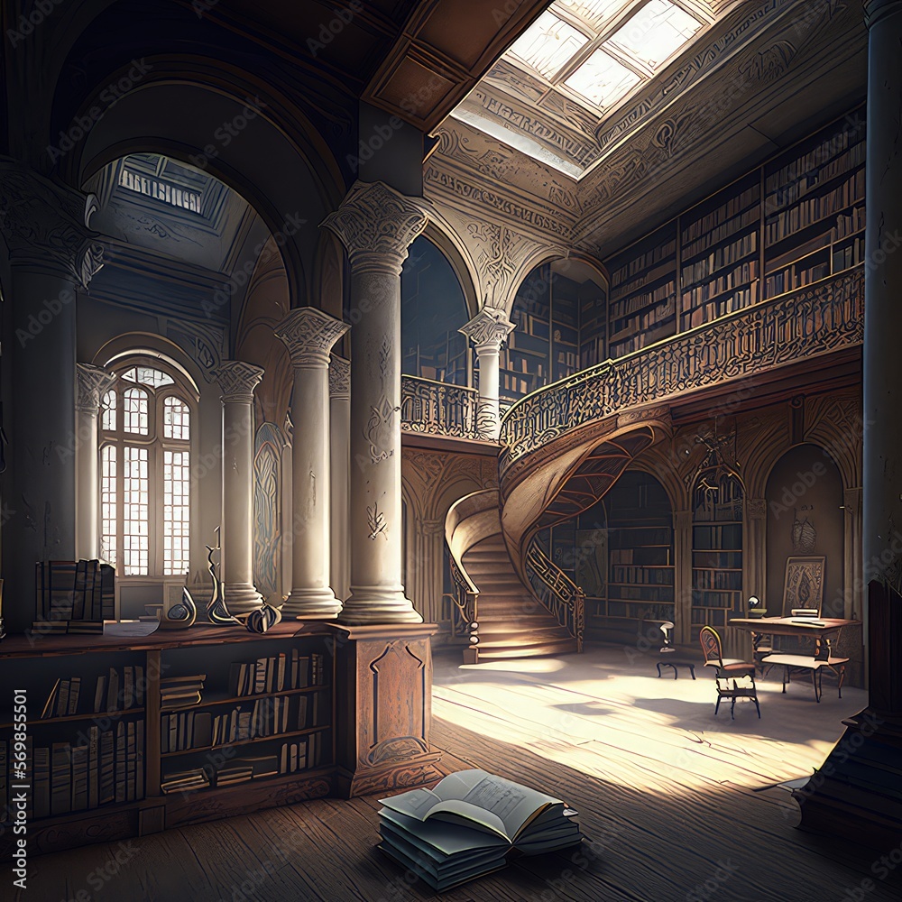 Victorian library with stairs to the second floor. Globe, natural ...