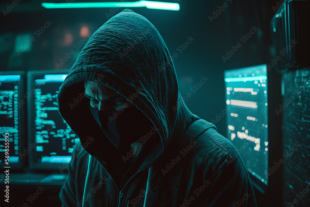 Cyber-security hacker with a hoodie hiding face -computer technology ...