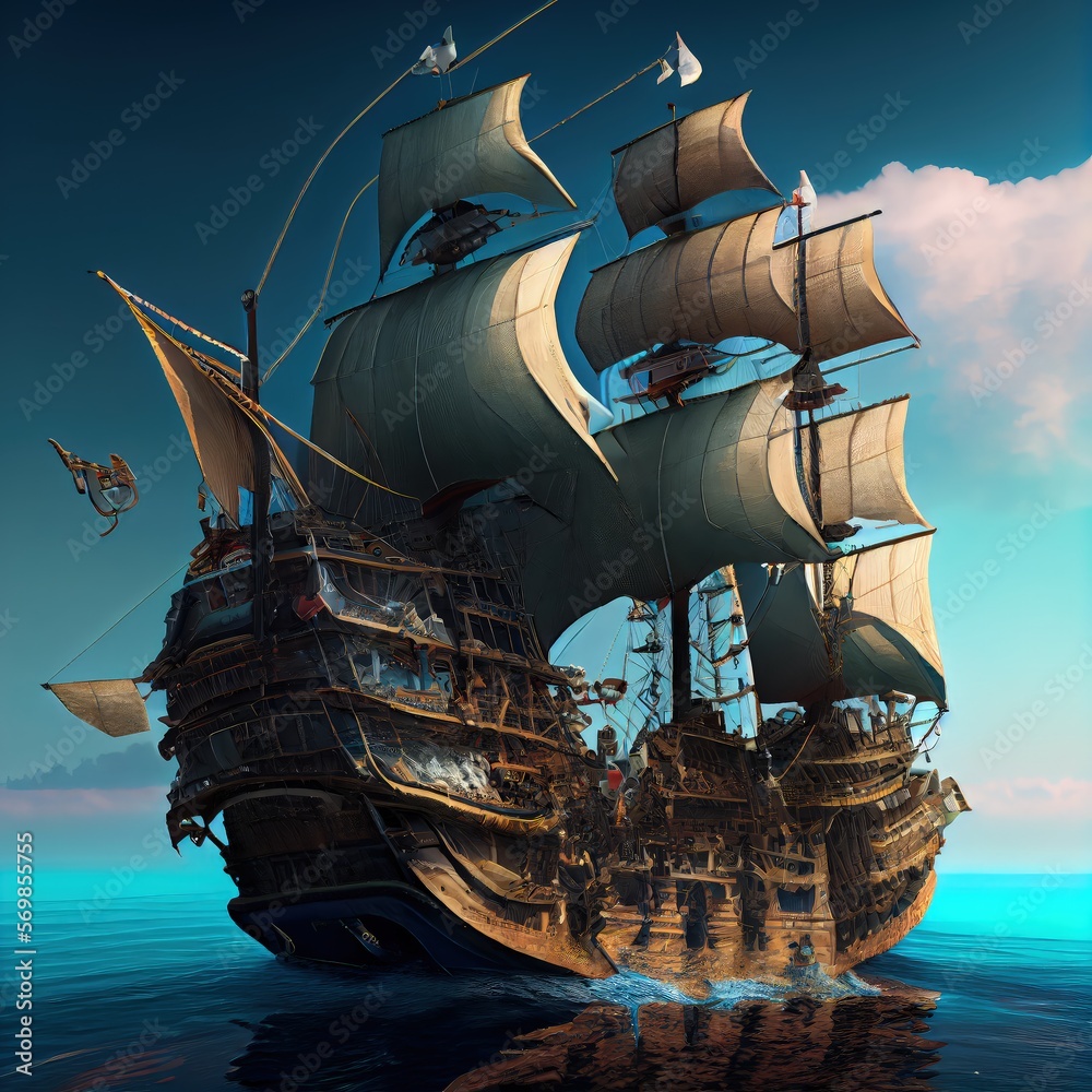 Huge warship with white sails and reflection in the water. Pirates ...
