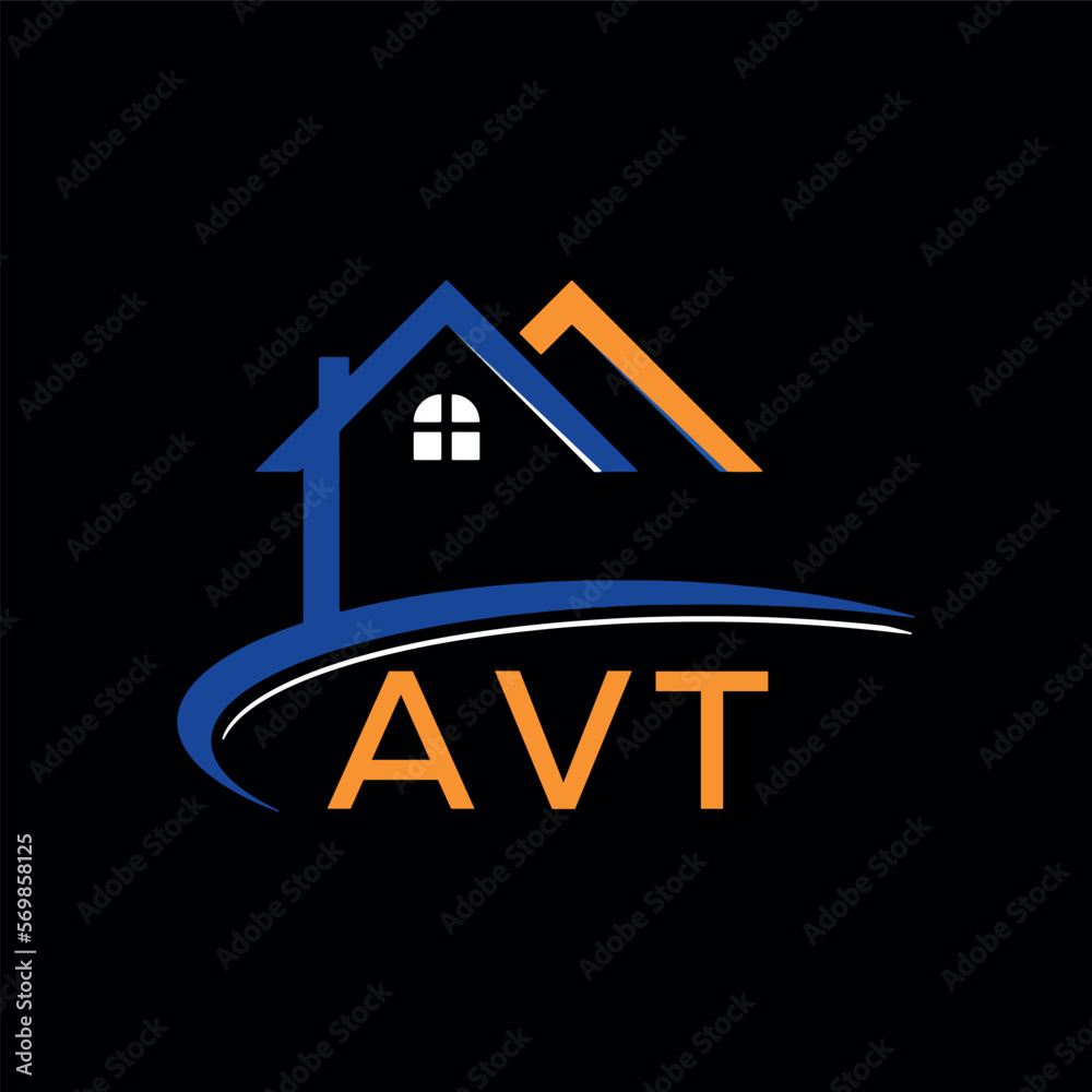AVT house logo, letter logo. AVT blue image on black background and ...