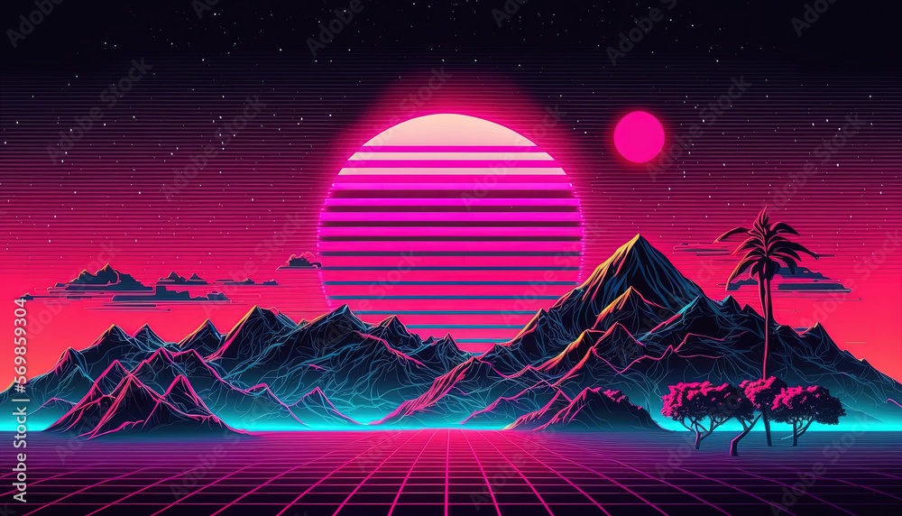 Generative AI, Retro style, nostalgic 80s, 90s. Night landscape, sunset ...