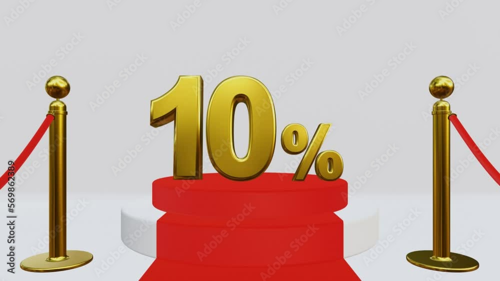 3D animation of ten percent off on Red carpet with Golden rope barriers ...