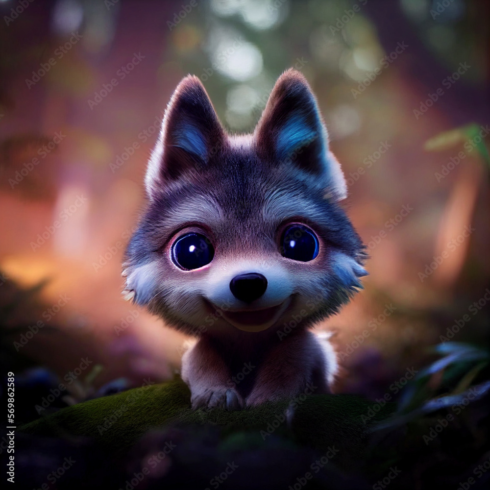 cute baby wolf in a magical forest pixar style big detail. Generative ...