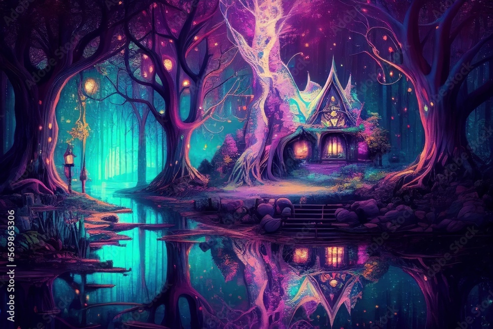 Fantasy of neon light forest glowing colorful like fairytale Created ...