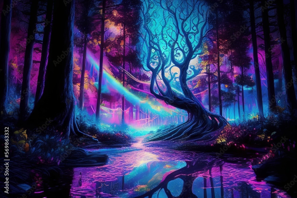 Fantasy of neon light forest glowing colorful like fairytale Created ...
