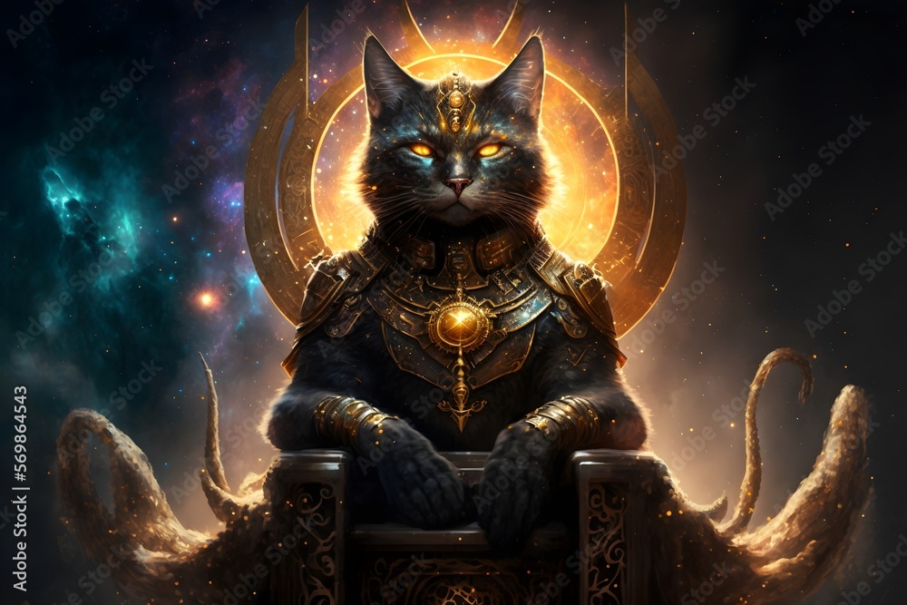 Cat King clad in golden black armour sitting on cosmic throne Stock ...