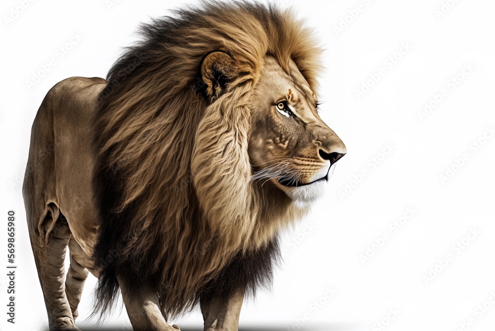 photograph of a male lion staring back, side view, isolated on white ...