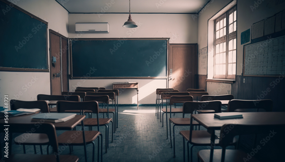 Empty interior of an old school classroom, educational building room ...