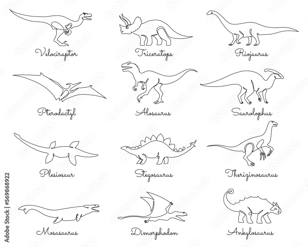 Single line dinosaurs. Jurassic dino, predators and herbivores ...
