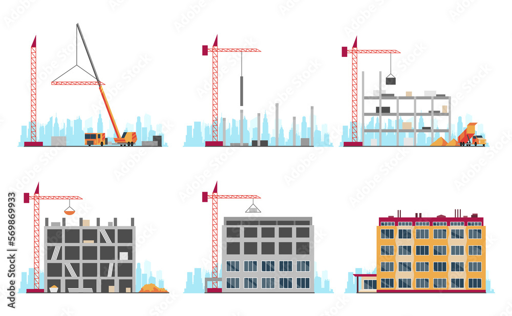 Construction site stages. Multi story house construction. Building ...