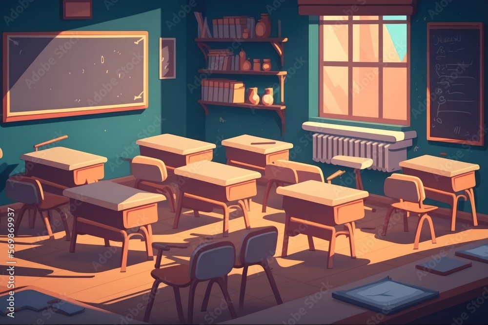 empty-classroom-with-chairs-elementary-school-desks-and-chalkboard