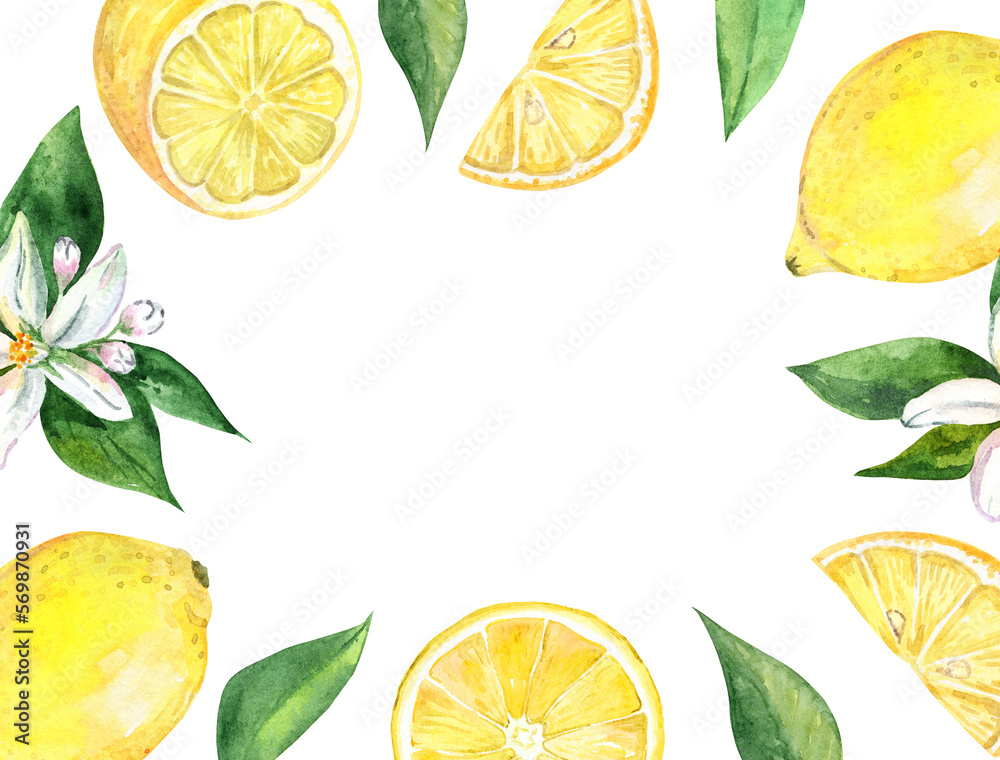 Watercolor lemon border isolated on white background Stock Illustration ...