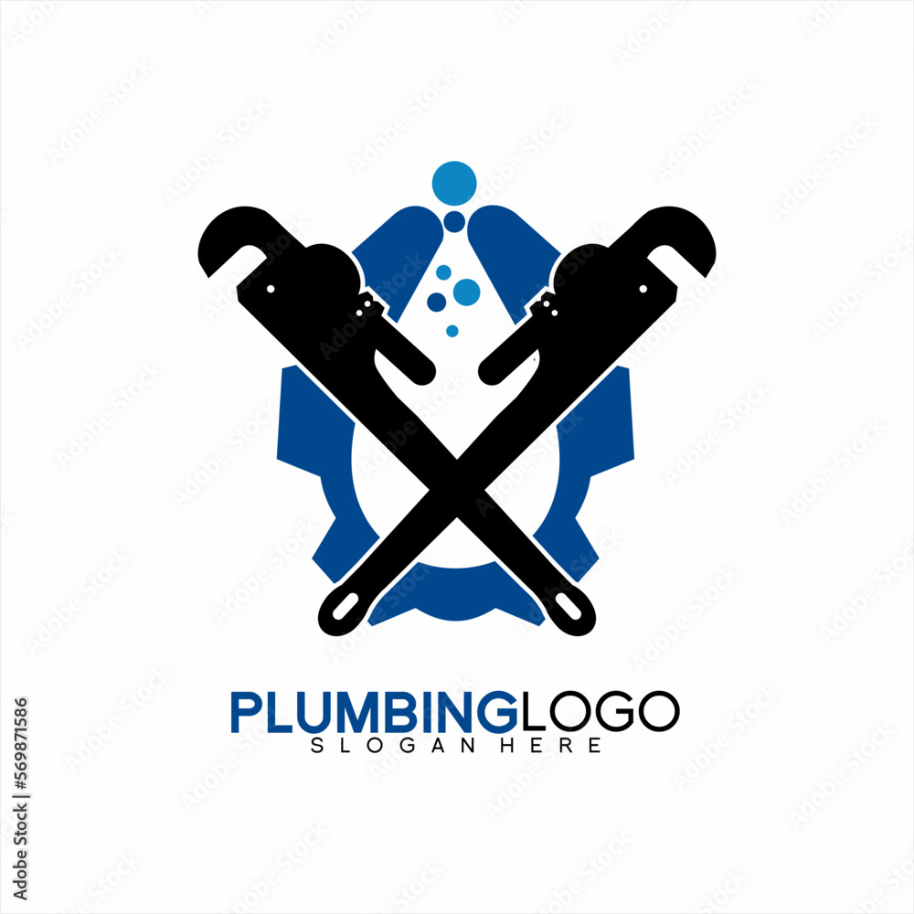 Plumbing logo design with pipe wrench and water symbol and gear. Stock ...