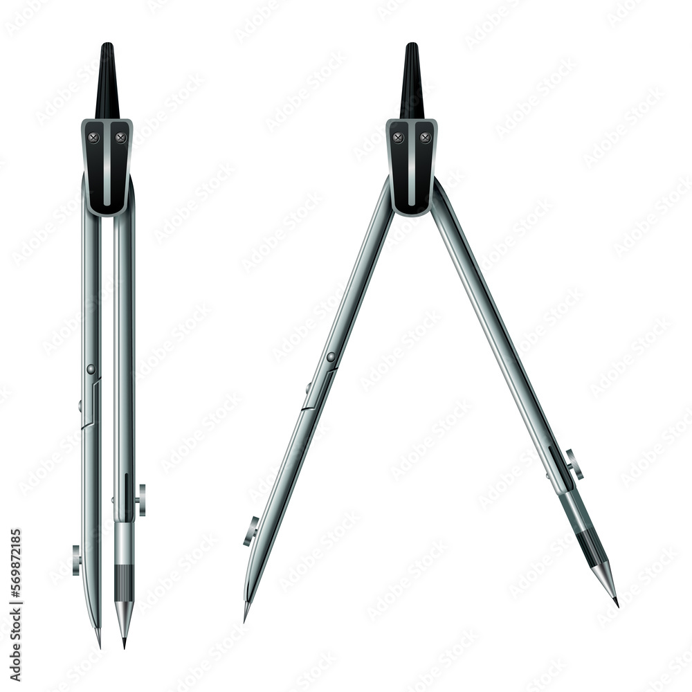Geometric compass set of opened and closed. Technical instrument for ...