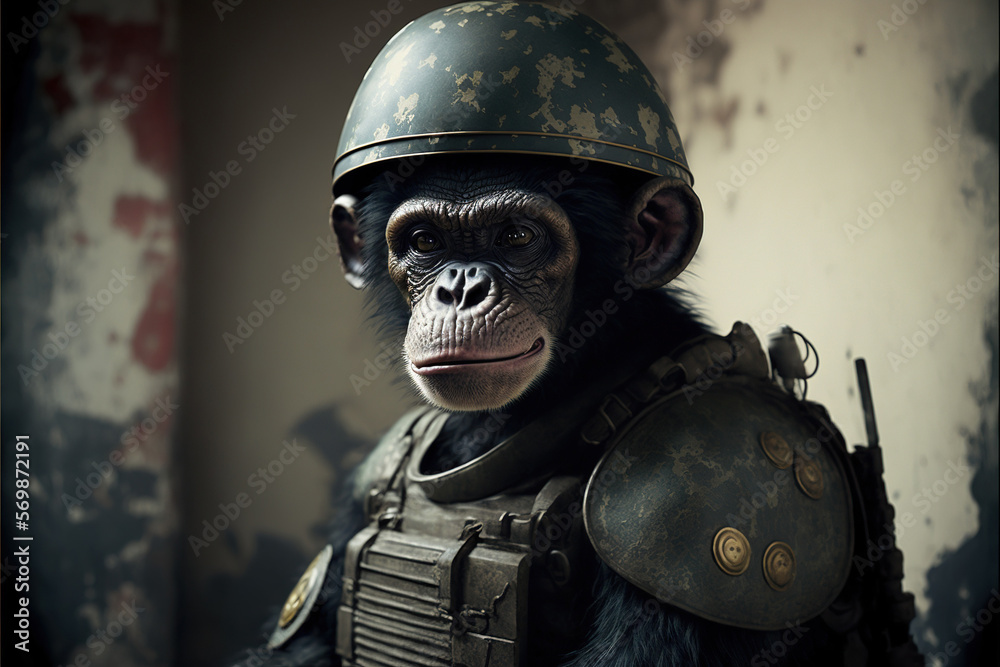 Chimpanzee dressed as a soldier, concept of Military Uniform and Animal ...
