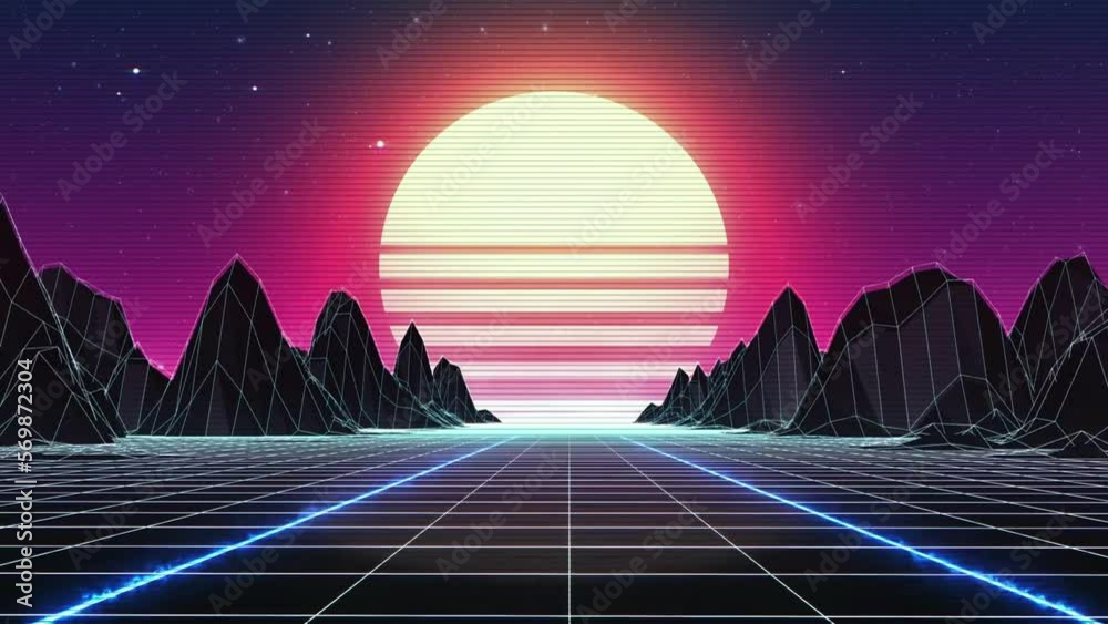 Retrowave skyline scene with neon lights and low poly territory. 80s ...