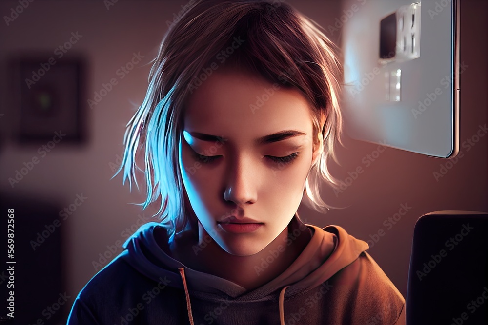 Sad Girl Face In Room With Laptop Generative Ai Stock Illustration Adobe Stock