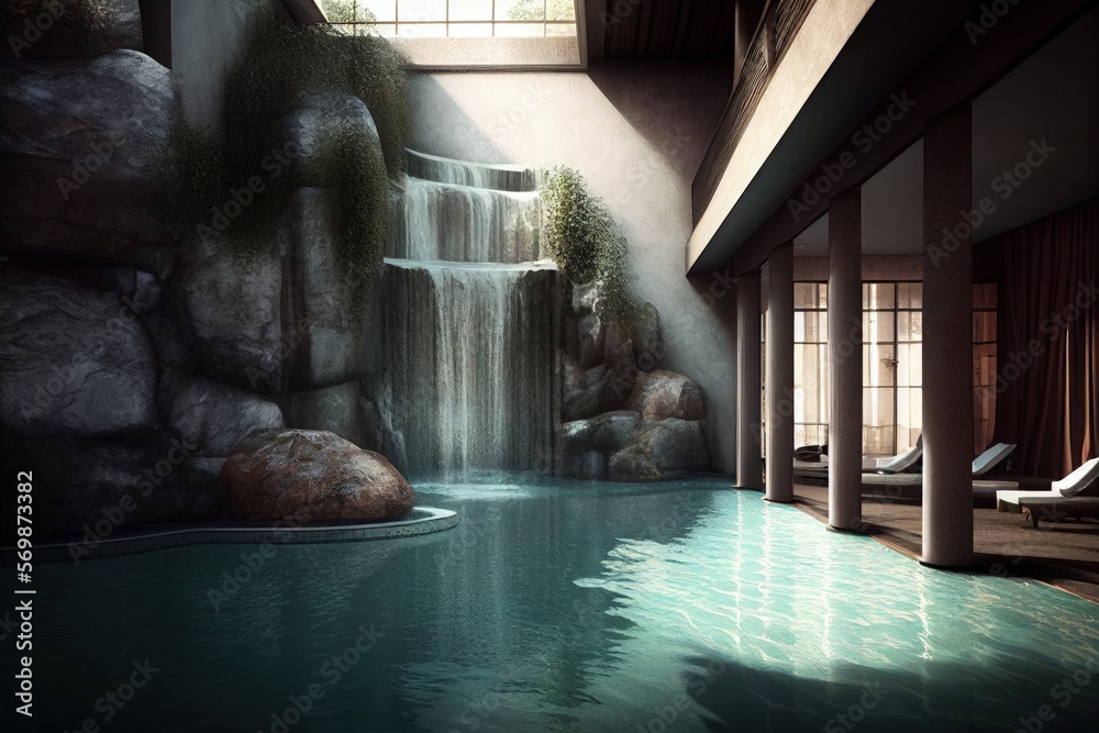 Modern design indoor pool with waterfall in SPA at a luxury hotel with ...