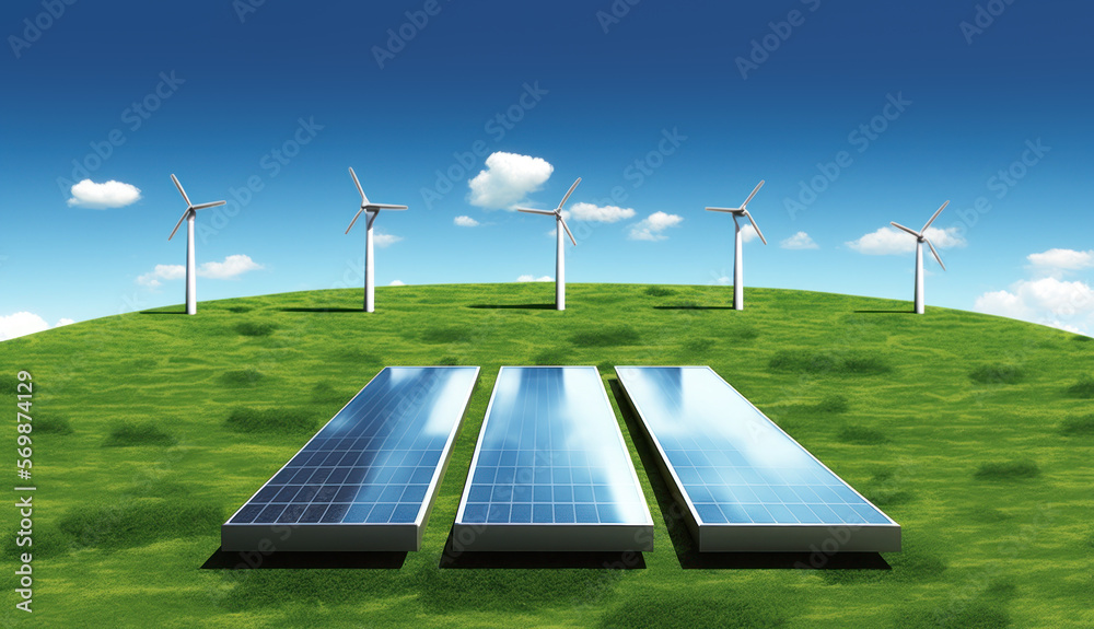 renewable energy background with green energy as wind turbines and ...