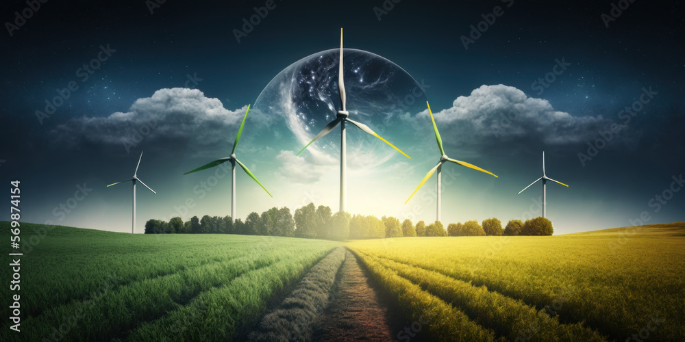 renewable energy background with green energy as wind turbines and solar panels Stock ...