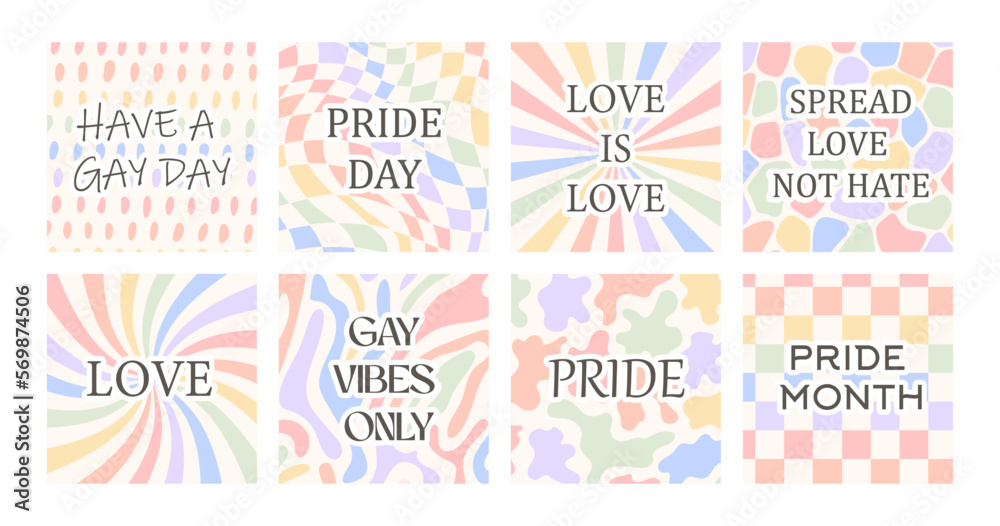 Vector set of retro greeting cards for LGBTQ Pride Month. Social media ...