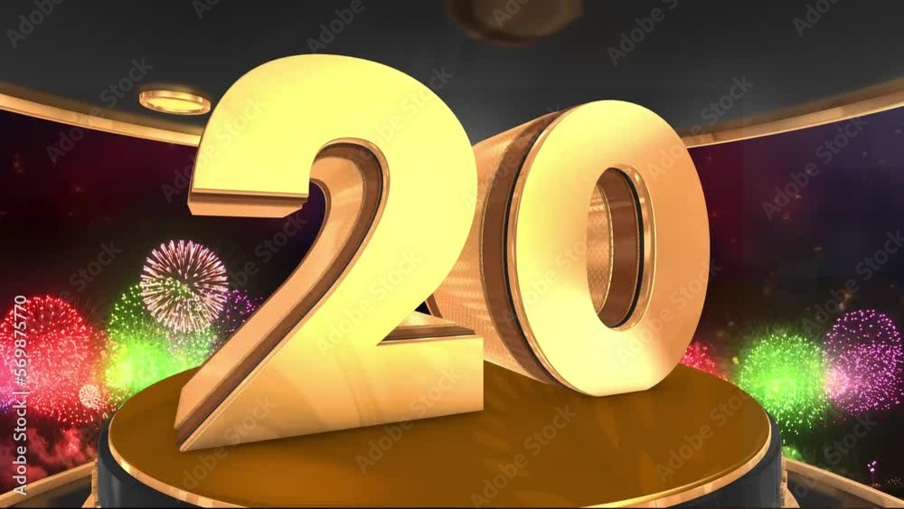 20th anniversary animation in gold with fireworks background, Animated ...