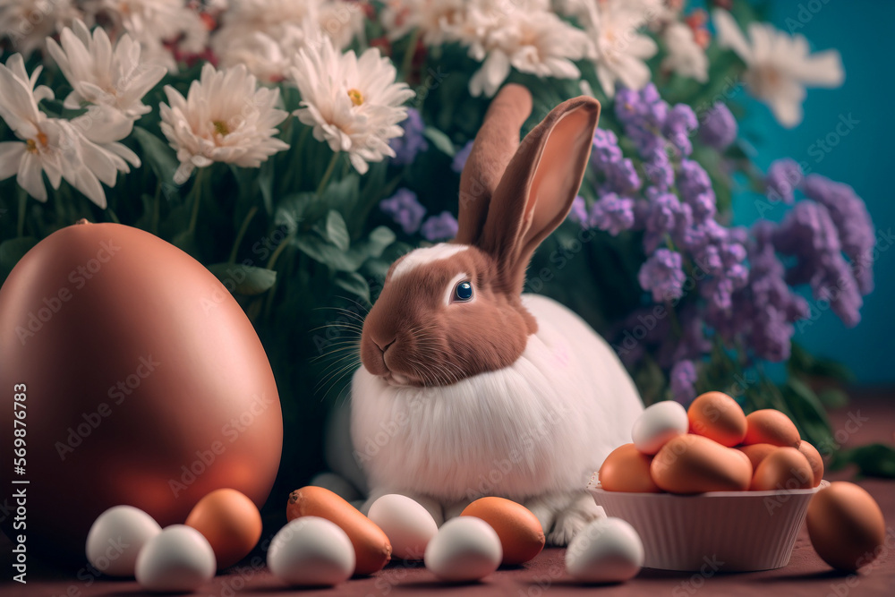Cute easter bunny with easter eggs and spring flowers, photo realistic ...