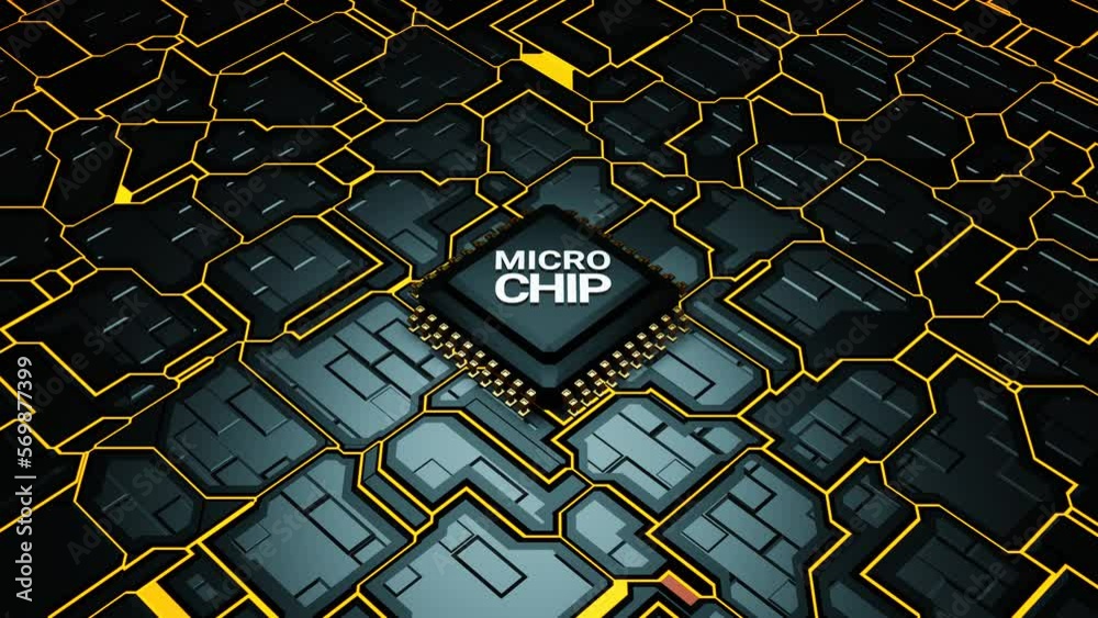 Micro chip text on motherboard chip animation, 3D glowing electronic ...