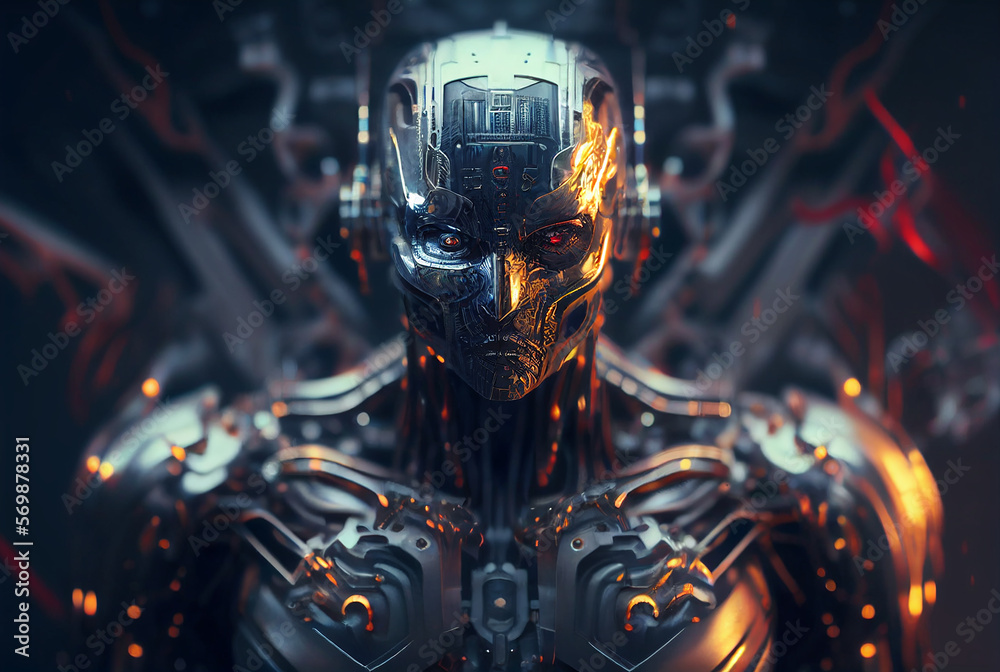 Futuristic science fiction male humanoid metallic cyborg portrait with ...