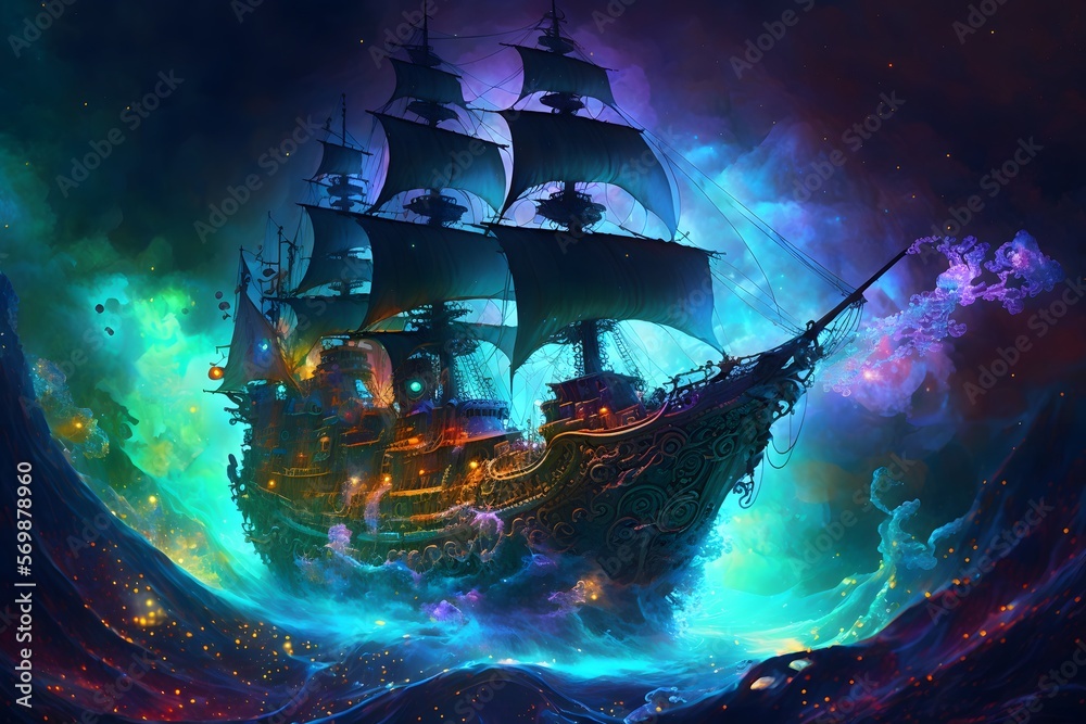 A vibrant cosmic maelstrom pirate ship in the night , an old sailing ...
