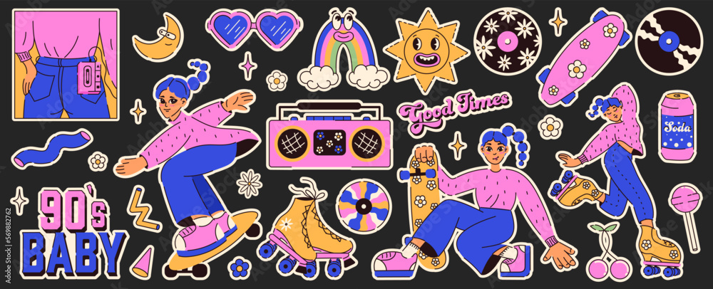 Retro trendy stickers set in 90s style. Cool girl characters on skate ...
