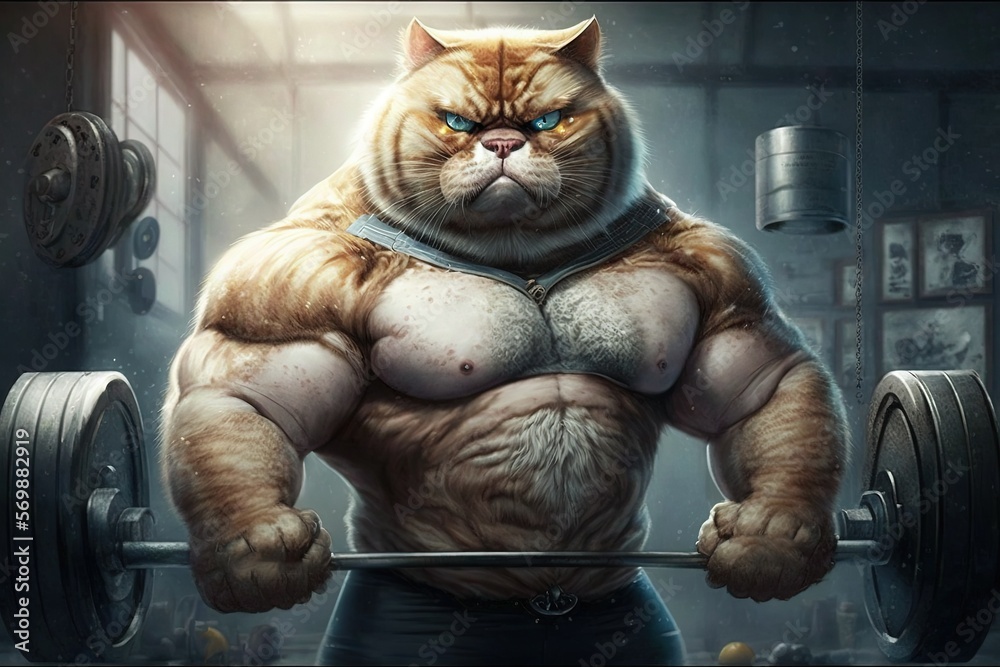 Strong cat body builder super muscles illustration generative ai Stock ...