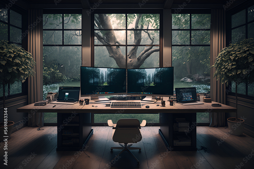 interior with desk, Luxury workspace, contemporary boho styling, gold ...