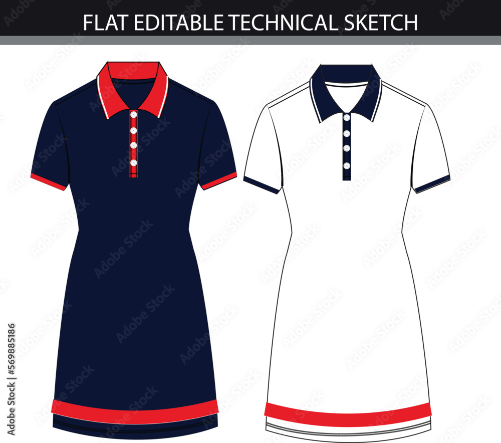 Polo dress with contrast stripe at hem flat sketch vector file. Stock ...