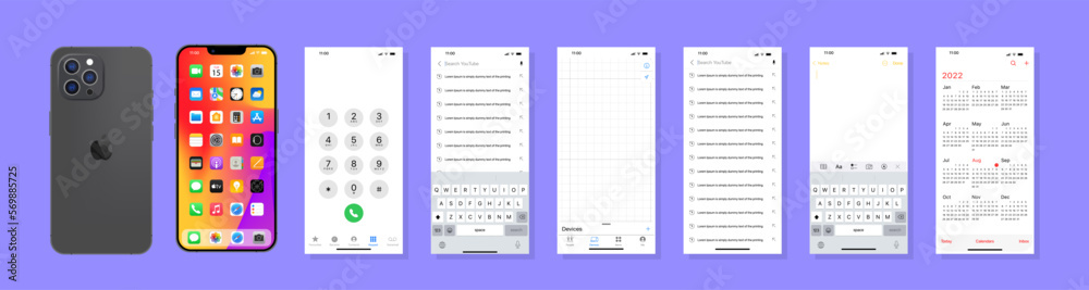 Vetor de Iphone 13 interfaces. Apple mockup. Front, back side of the ...