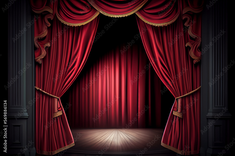 Theater stage with red curtains and spotlights. Theatrical scene in the ...