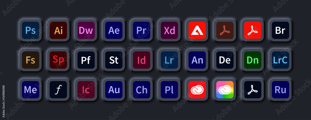 Adobe products. Logotype set of adobe apps: Illustrator, Creative Cloud ...