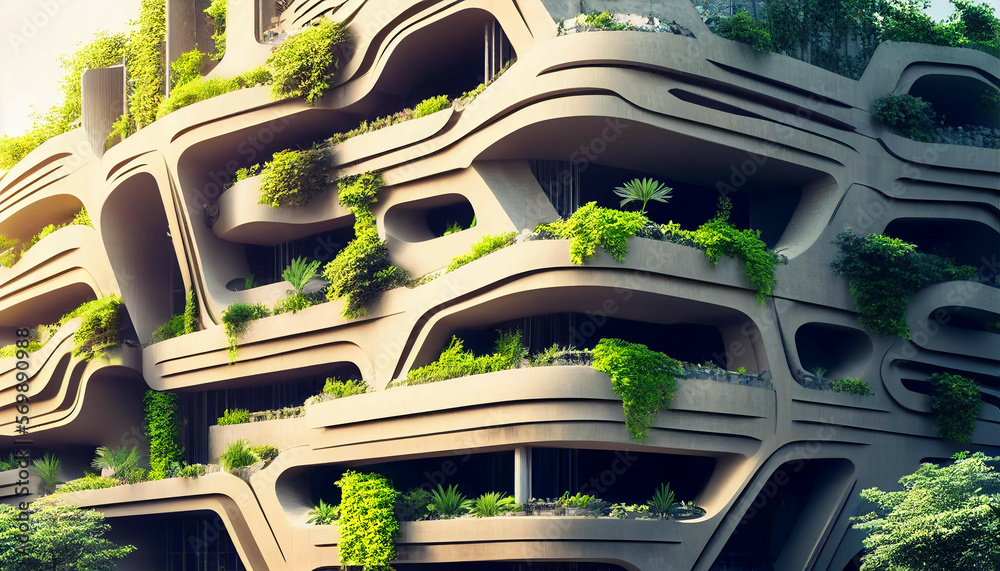 Biophilic architecture design with lush vegetation and greenery ...
