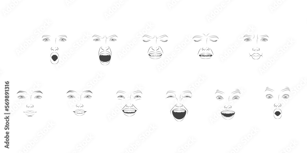 Faces expressions with different mood. Positive, negative feelings ...