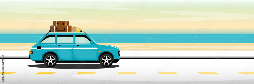 Cartoon beach scene, Personal car with travel luggage on beach road ...