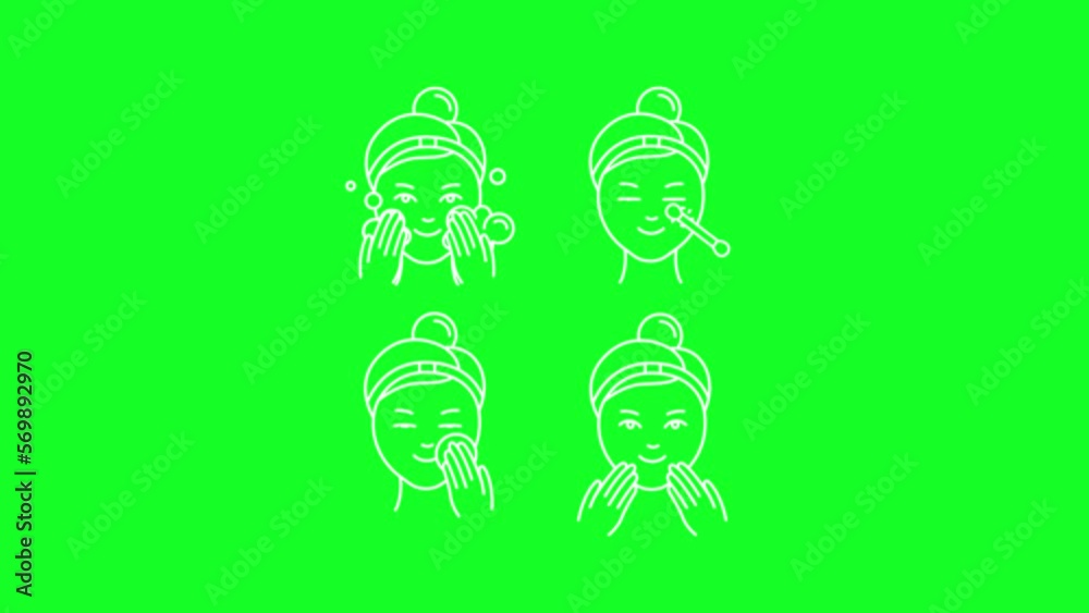 Animated acne care white line icons. Pimples removal. Applying product ...