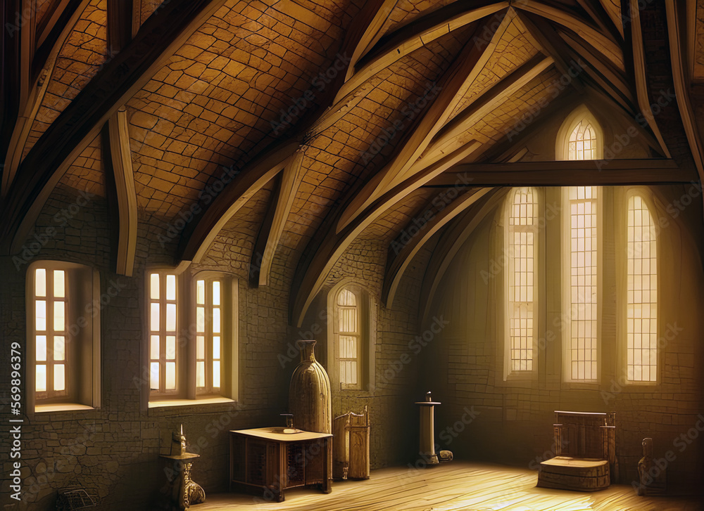 atmospheric painting of an old medieval period hall with wooden beams ...