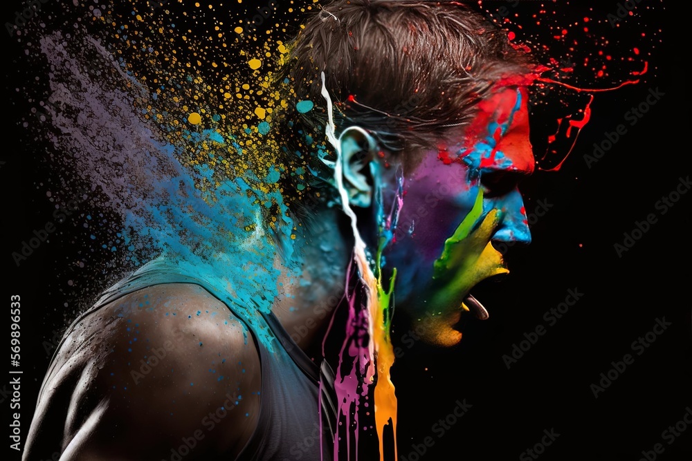 Rainbow Ink Splash Portrait of a Man with Paint-covered Face: A Dynamic ...