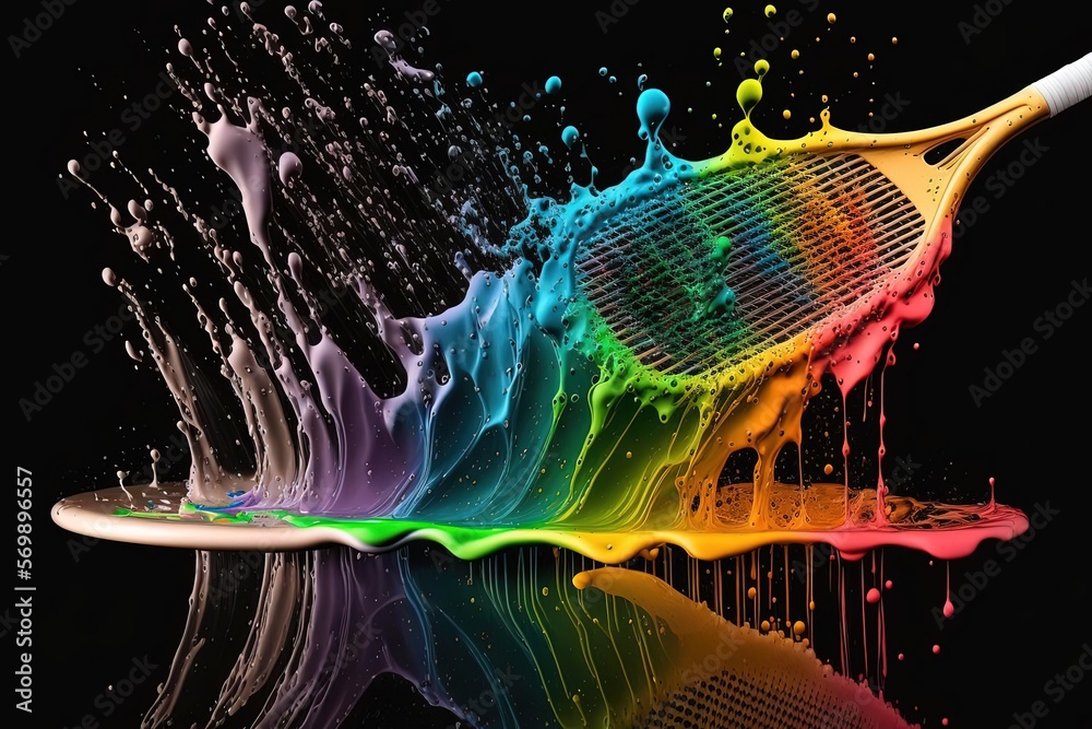 Rainbow Ink Splash Tennis Racket Close-Up: A Dynamic Action Painting ...
