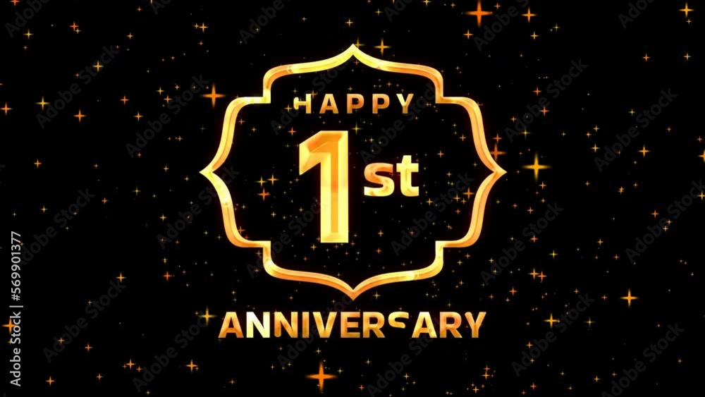 Happy 1st Anniversary animation text in gold color on particles glitter ...