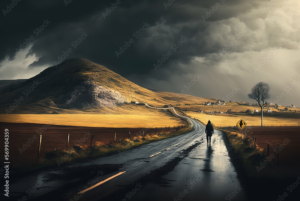 man walking on road head to bad weather black storm, life journey ...