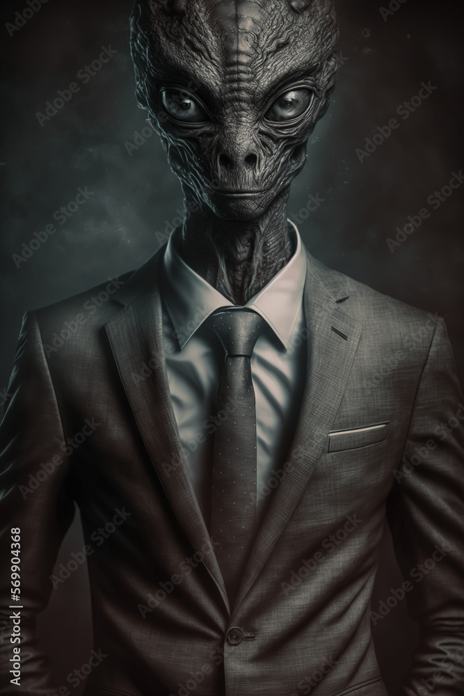 Grey alien extraterrestrial wearing business suit. Representation of a ...