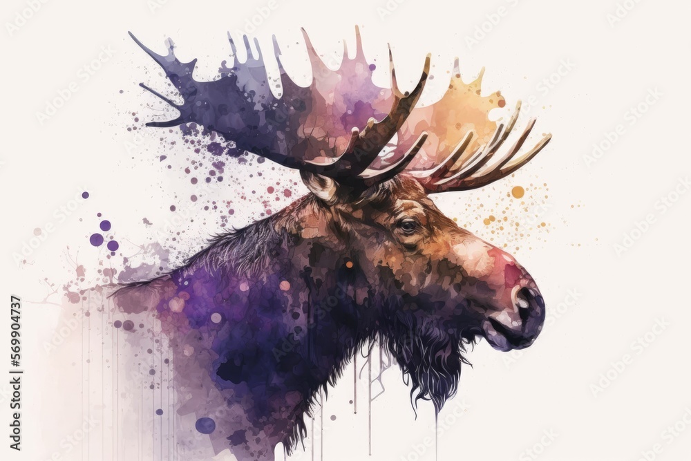 Watercolor moose close up portrait, Realistic painting on white ...