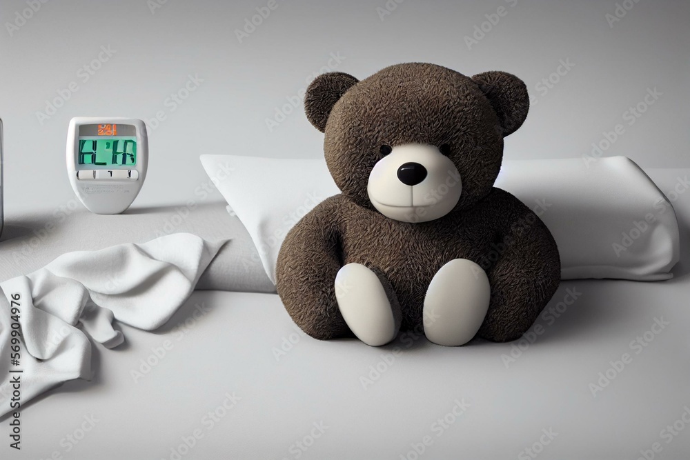 Teddy bear with digital thermometer lying down on pillow and sheet under blanket in white bed ...