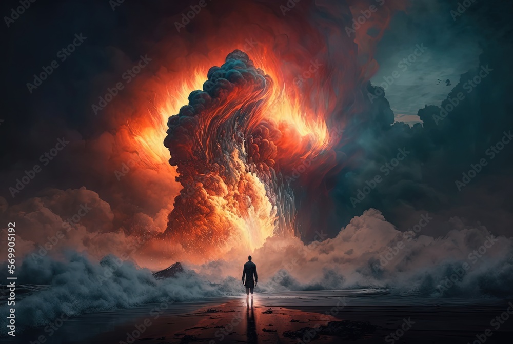 a brave man standing on shore facing fire storm, idea for fearless ...